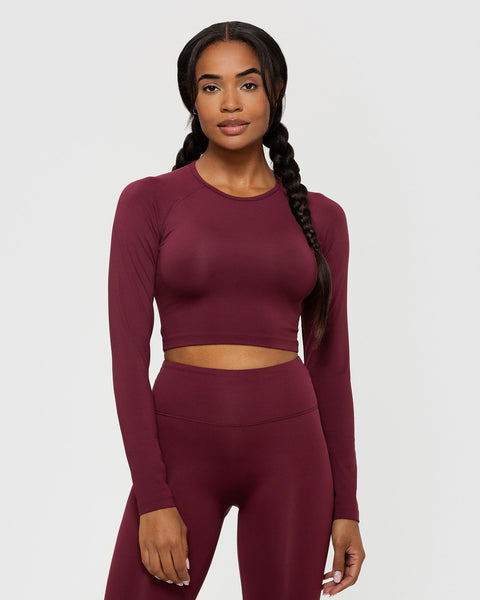 Dark Red Long Sleeve Crop Top - Dark Cherry | Women's Best US